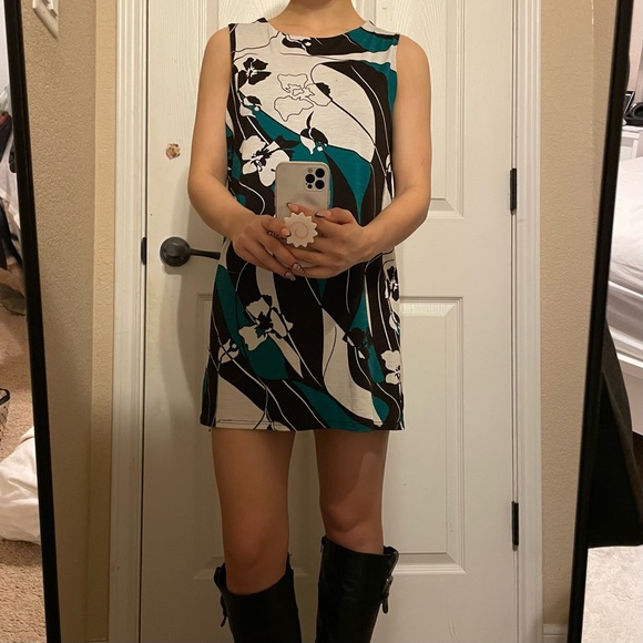 Dresses | 8s Y2k Teal Black And White Flower Design Dress | Poshmark
